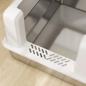 PawHut XXL Voděodolná toaleta pro kočky, kočičí toaleta s vyššími stěnami, nerezový zásobník a lopatka, kočičí toaleta v ABS, 71x50.8x35.5 cm, Bílá
