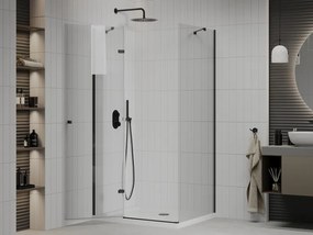 Mexen Roma, sprchový kout s 1-křídlými dveřmi 120 (dveře) x 90 (stěna) cm, 6mm čiré sklo, černý profil, slim sprchová vanička 5cm bílá s černým sifonem, 854-120-090-70-00-4010B