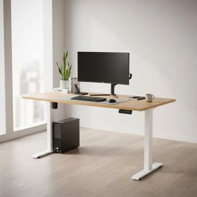 Výškově nastavitelný stůl OfficeTech B, 140 x 80 cm, bílá podnož, dub kamenný