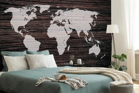 Samolepící tapeta mapa světa na dřevě - 300x200 cm
