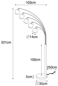 Stojací lampa černá se zlatem a kouřovým sklem 5-světlo - Zuzanna