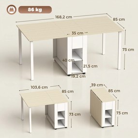 HOMCOM rozkládací jídelní stůl pro 6 osob, skládací kuchyňský stůl s výsuvnými deskami, zásuvkami a policemi, 168,2 x 85 x 73 cm, bílý