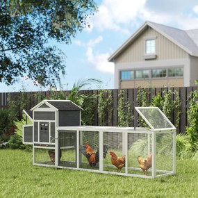 PawHut Venkovní Kurník Dřevěný Velký Kurník pro 3-6 Kurech s Hnízdící Buzerací a Asfaltovou Střechou 297,5x68x118 cm Šedý a Bílý