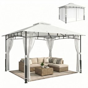 Outsunny pergola 3,6 × 3,0 m — voděodolný kovový zahradní pavilon s moskytiérou, dvojitou střechou, sloupky s dekorem dřeva, černá | Aosom