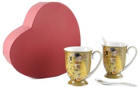 HOME ELEMENTS Sada dvou porcelánových hrnků se lžičkami 280 ml, Klimt Polibek zlatý