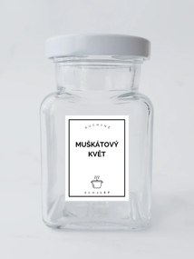 Samolepka na kořenky MUŠKÁTOVÝ KVĚT bílá 3 × 4 cm tučné písmo