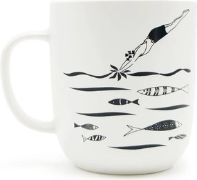 Porcelánový hrnek Plavkyně, bílý, 400 ml – minimalistický, motiv moře, vln a ryb