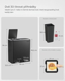 Koš na separování odpadu SORT, 2x30l+pytle na odpadky, černá/stříbrná SongmicsHome