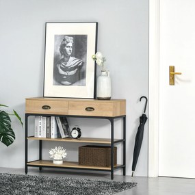HOMCOM Konzolový stolek do předsíně s 2 šuplíky a 2 policemi z oceli, nábytek do chodby pro vstupní halu 100x35x79,2 cm Dub | Aosom