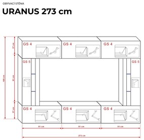 Ral Obývací stěna URANUS 3, 273 cm - Bílý lesk