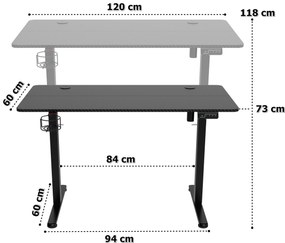 Výškově nastavitelný elektrický herní stůl SHADOW GAMER 1.0 120 cm černý