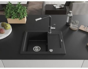 Mexen Enzo, 1-komorový granitový dřez 576x465x174 mm a dřezová baterie Flora, černá, 6506-77-670401-07