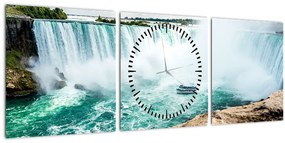 Obraz vodopádů s lodí (s hodinami) (90x30 cm)