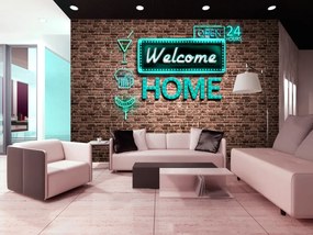 Fototapeta Welcome home - nápis ve stylu neonu s ikonami na hnědé cihle