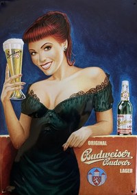 Plechová cedule Budweiser Budvar pivo žena