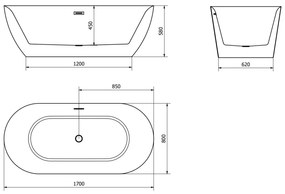 Mexen Roxy, volně stojící vana 170 x 80 cm, bílá-černá, zlatý lesklý přepad, 51201708075-50