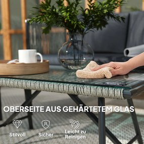 4dílná sada zahradního nábytku, 1 pohovka, 2 křesla, 1 stůl se skleněnou deskou, polštáře, ocelový rám, plastový ratan, šedá barva