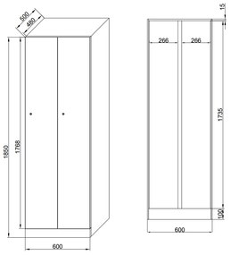 Kovová šatní skříňka, 2-dveřová, 1850 x 600 x 500 mm, otočný zámek, laminované dveře, bříza
