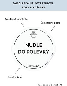 NUDLE DO POLÉVKY  – průhledná samolepka na dózu, tučné písmo, 5 cm | DomaLEP