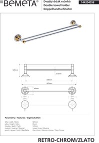 Bemeta Design RETRO gold-chrom: Držák ručníků, 600 mm, dvojitý -