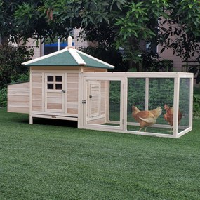 PawHut bantamový kurník s výběhem a hřady, zimní kurník z borovicového dřeva, hnízdní box pro křepelky, 196 x 76 x 97 cm