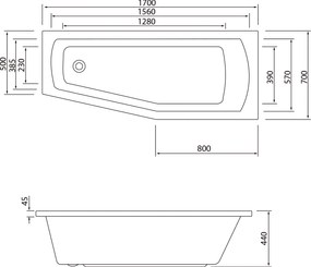 Aqualine Opava A1771 asymetrická vana 170 x 70 cm akrylátová pravá