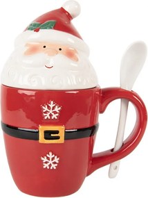 Bílo-červený hrnek Santa Claus s víkem a lžičkou - 13*9*17 cm / 300 ml