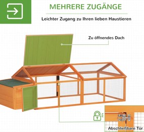 PawHut Venkovní kurník 240x112,5x76 cm Dřevěný kurník s otevírací střechou, uzamykatelnými dveřmi a hnízdící krabicí pro kuřata, králíky a kachny