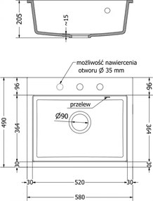 Mexen Oscar, 1-komorový granitový dřez 580x490x205 mm, černá, 6519581000-77-B