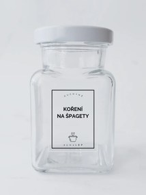 Samolepka na kořenky KOŘENÍ NA ŠPAGETY průhledná 3 × 4 cm tučné písmo