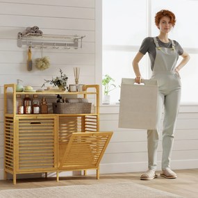 HOMCOM Regál na prádlo se 2 koši, volně stojící bambusový regál do koupelny, prádelny, přírodní dřevo + krémově bílý