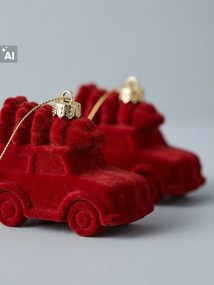 Sinsay - Sada sametových vánočních ozdob ve tvaru aut s vánočními stromky 5 pack - červená