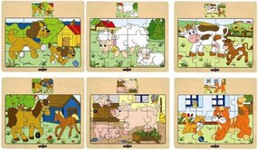 WOODY DŘEVO Puzzle na desce Zvířátka domácí s mláďátky 6 druhů 93010