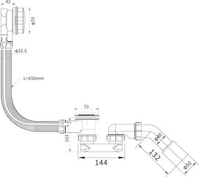 Erga Pureline, vanová odtoková a přepadová souprava, délka 650 mm, bowden, chromová, ERG-V08-PURELINE-SIPHON60-CR
