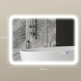 HOMCOM koupelnové zrcadlo LED Bluetooth 50 x 70 cm, dotykový spínač, nastavitelné světlo 3 barvy, proti zamlžení, paměť, stříbrné