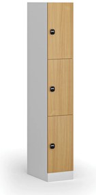 Šatní skříňka S1 s úložnými boxy, 3 boxy, 1850 x 300 x 500 mm, demont, RFID zámek, laminované dveře, buk