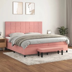 Box Spring Postel S Matrací Samet Růžová Blok se čtverci 200 x 200 cm
