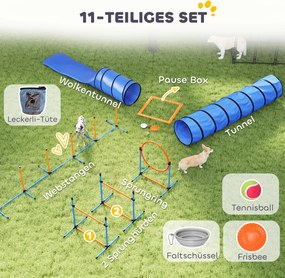 PawHut Agility set pro psy 11dílné agility vybavení pro psy se 2 tunely Výškově nastavitelný skákací kruh a překážky Slalomová tyč