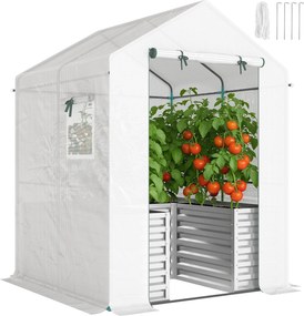 Outsunny PE fóliový skleník na rajčata s vyvýšeným záhonem, rolovacími dveřmi a okny, šikmá střecha — 141 × 141 × 190 cm — bílý | Aosom