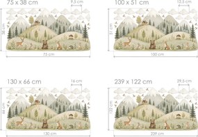 Kopečky a zvířátka z lesa samolepky na zeď pro děti arch 75 x 38 cm