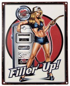Nástěnná kovová cedule žena u benzínky Filler Up - 20*1*25 cm
