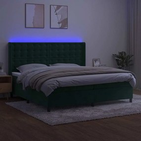 Box spring postel s matrací a LED tmavě zelená 200x200 cm samet 3139826