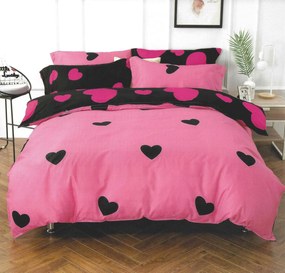 Sada růžové bavlněné saténové ložní prádlo s láskou vzor v černé srdce Hazel C9N 200x220
