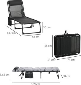 Skládací lehátko, 5stupňové polohování opěradla, polštář, podpěra, do 120 kg, ocel, světle šedá, 58 x 189 x 32,5 cm