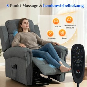 HOMCOM Masážní křeslo s asistencí při vstávání, relaxační křeslo, vibrační hlavy, s polohovací funkcí, vzhled lnu, šedá