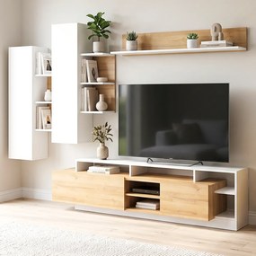 Obývací stěna s komodou ALVA a konferenčním stolkem | 260 cm + 155 cm +  120x60 cm | dub grandson/bílá