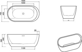 BPS-koupelny Volně stojící akrylátová vana HYD-POR503A 150x75 bílá, odtokový komplet černý