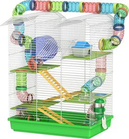 PawHut Klec pro Křečky a Myši s Tunelovým Krmným Kolem 47 x 30 x 59 cm Zelená
