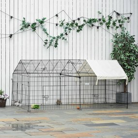 Venkovní výběh PawHut s ochranou proti slunci pro malá zvířata 220 x 103 cm, kovová králíkárna v béžové a černé barvě