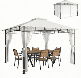 Outsunny pergola 3,6 × 3,0 m — voděodolný kovový zahradní pavilon s moskytiérou, dvojitou střechou, sloupky s dekorem dřeva, černá | Aosom